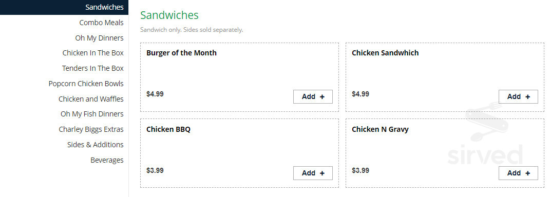 Charley Biggs' Chicken menu in Oshkosh, Wisconsin, USA