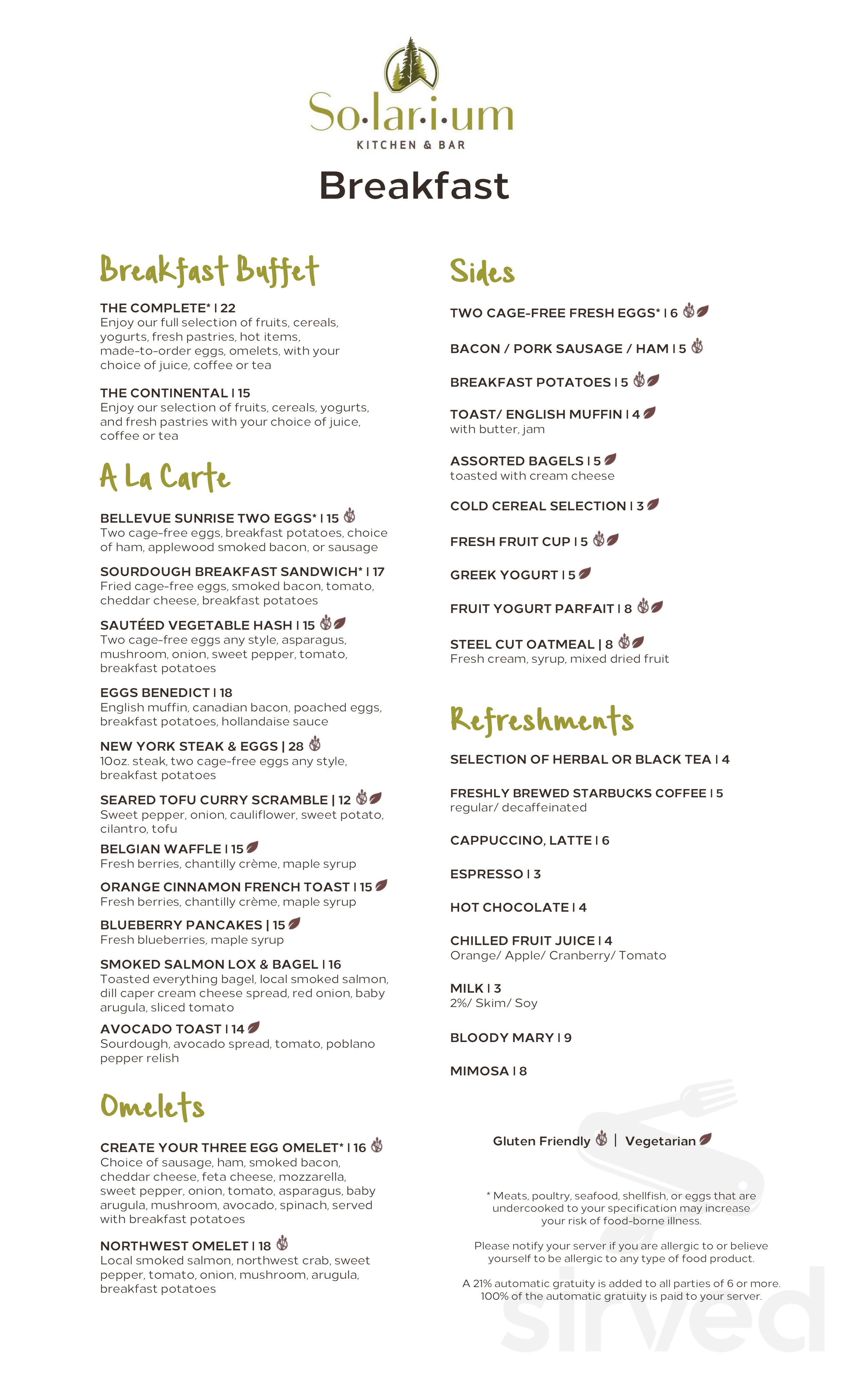 Menu - Bellevue WA's Solarium Kitchen & Bar | Sirved