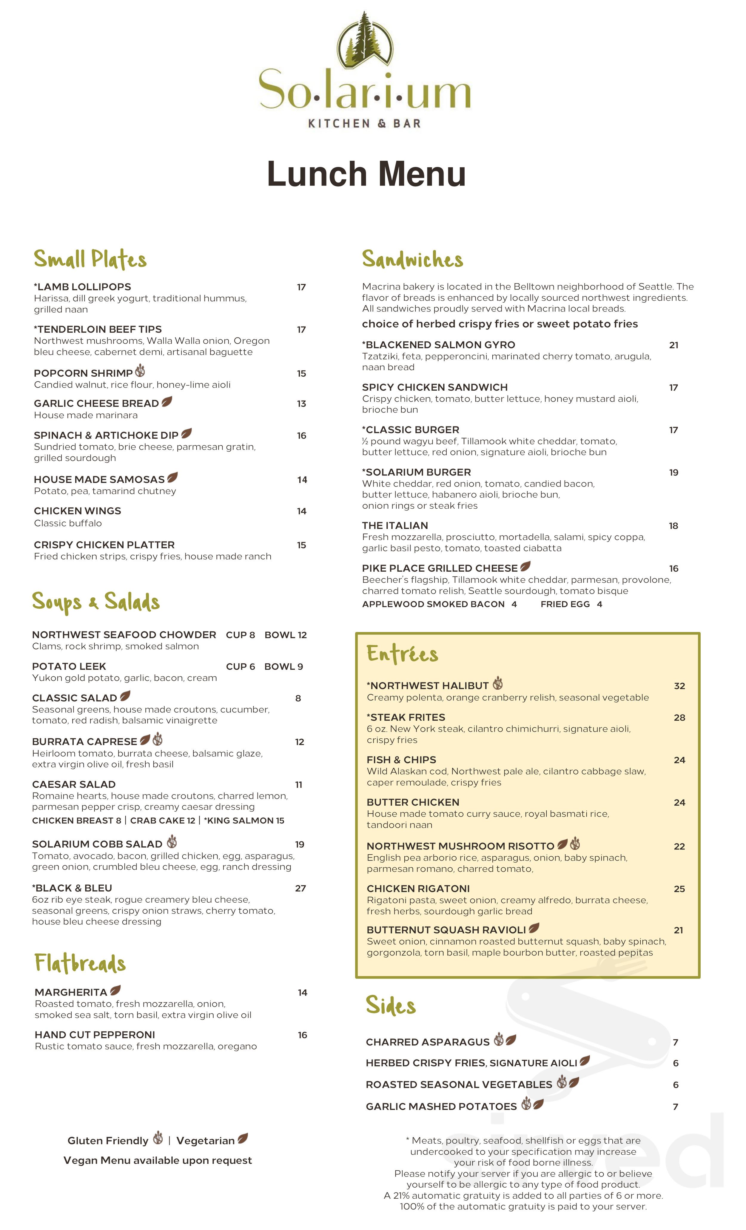Solarium Kitchen & Bar menu in Bellevue, Washington, USA
