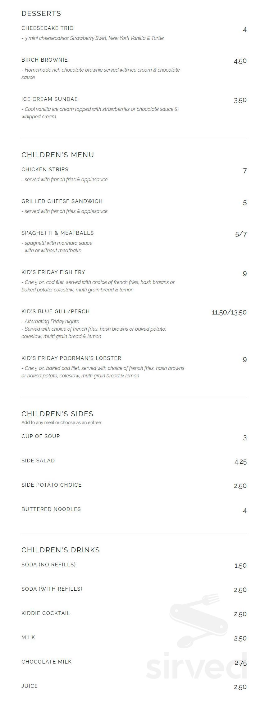 Menu - Tomahawk WI's Silver Birch Supper Club | Sirved