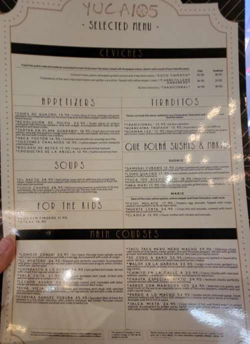 YUCA 105 menu in Miami Beach, Florida, USA