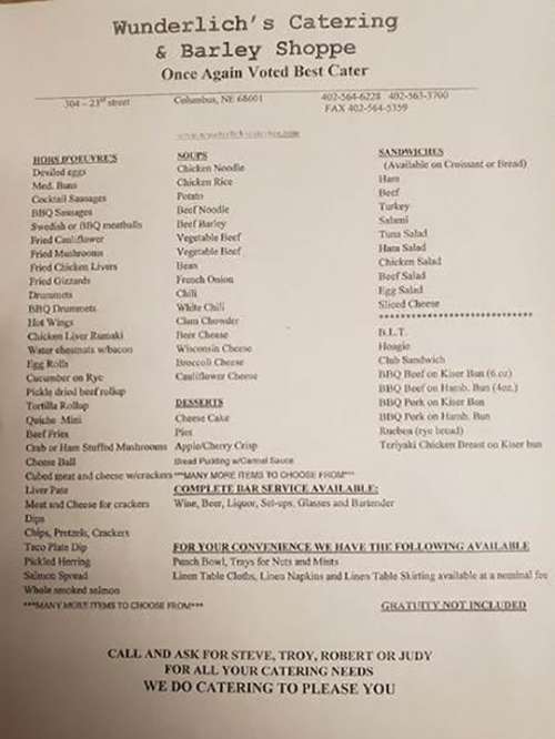 Wunderlich's Catering & Barley Shoppe menu in Columbus, Nebraska, USA