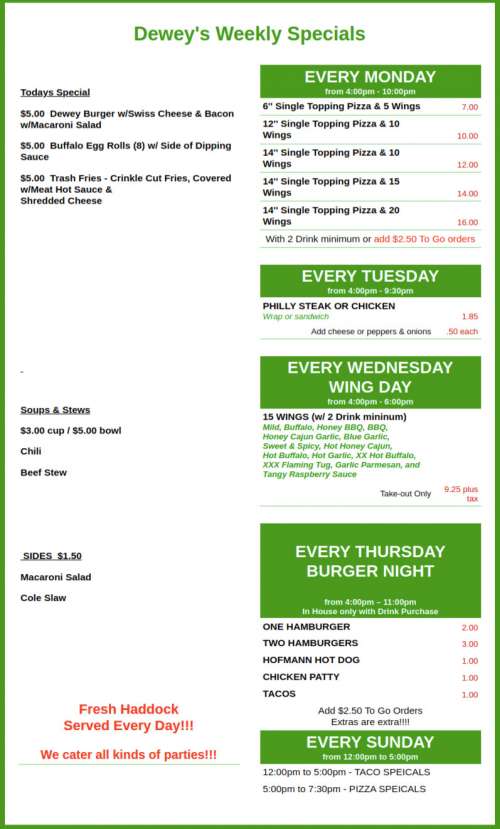 Dewey's 3rd Ward Tavern menu in Seneca Falls, New York, USA
