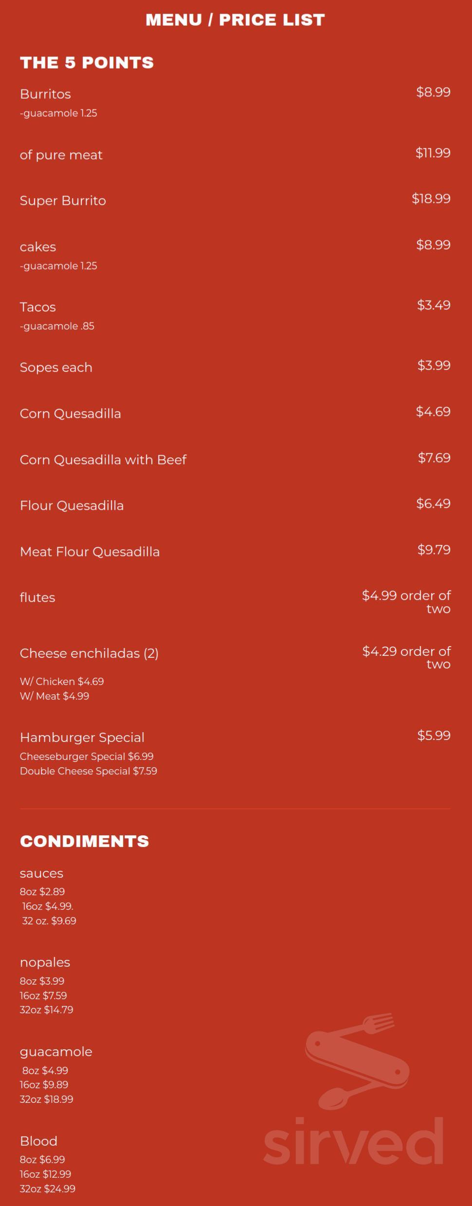 Los Cinco Puntos menu in Los Angeles, California, USA