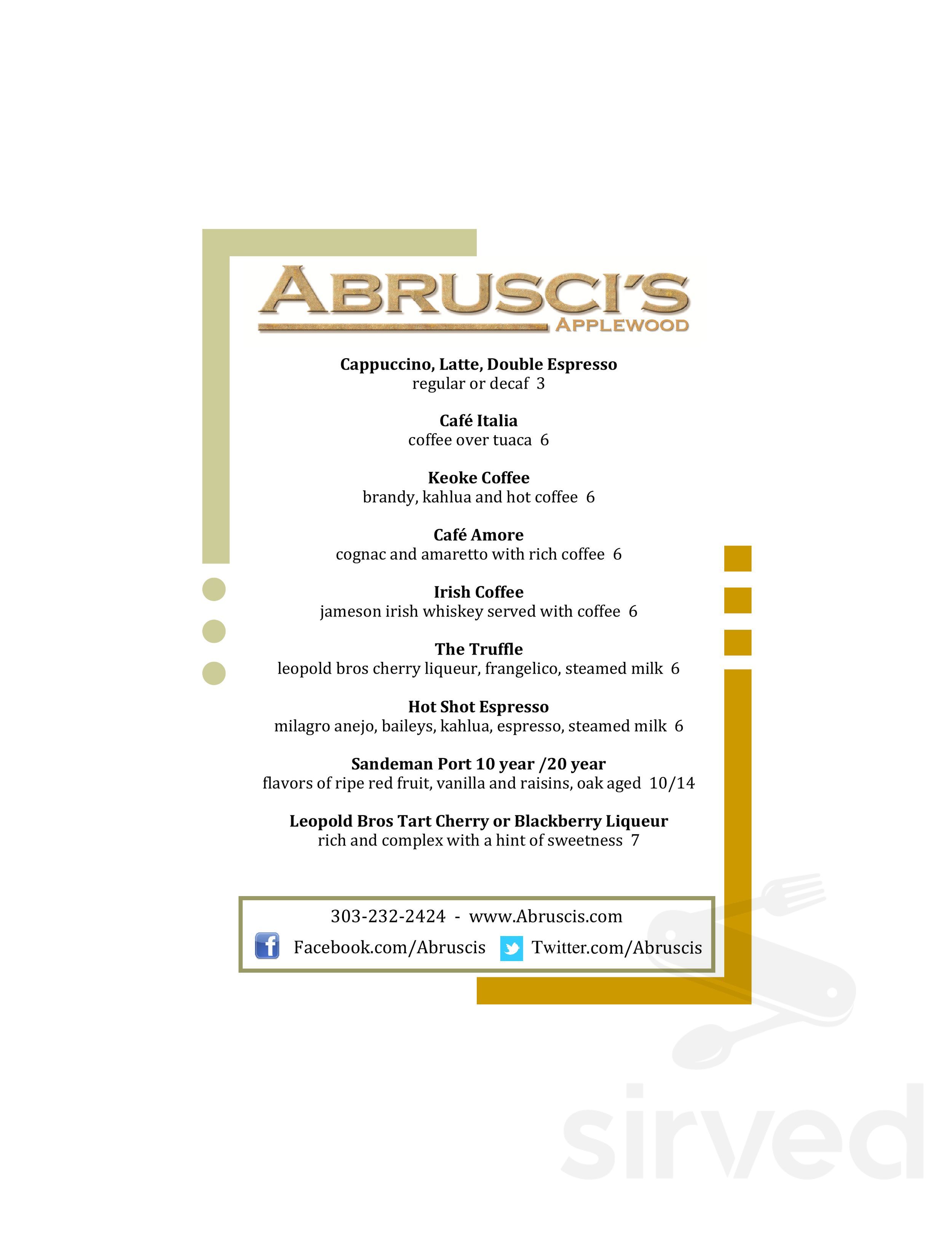 Abrusci's Fire & Vine menu in Lakewood, Colorado, USA