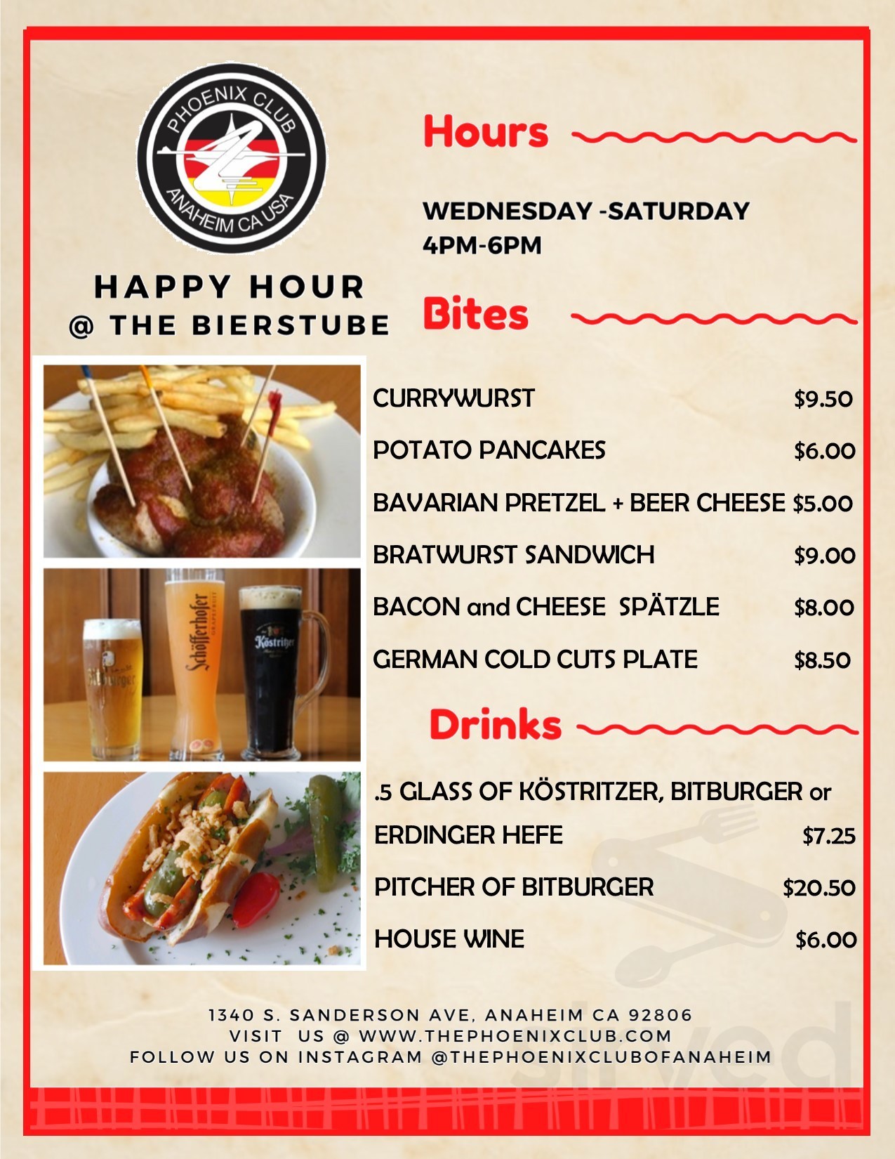 The Bierstube German Pub menu in Anaheim, California, USA