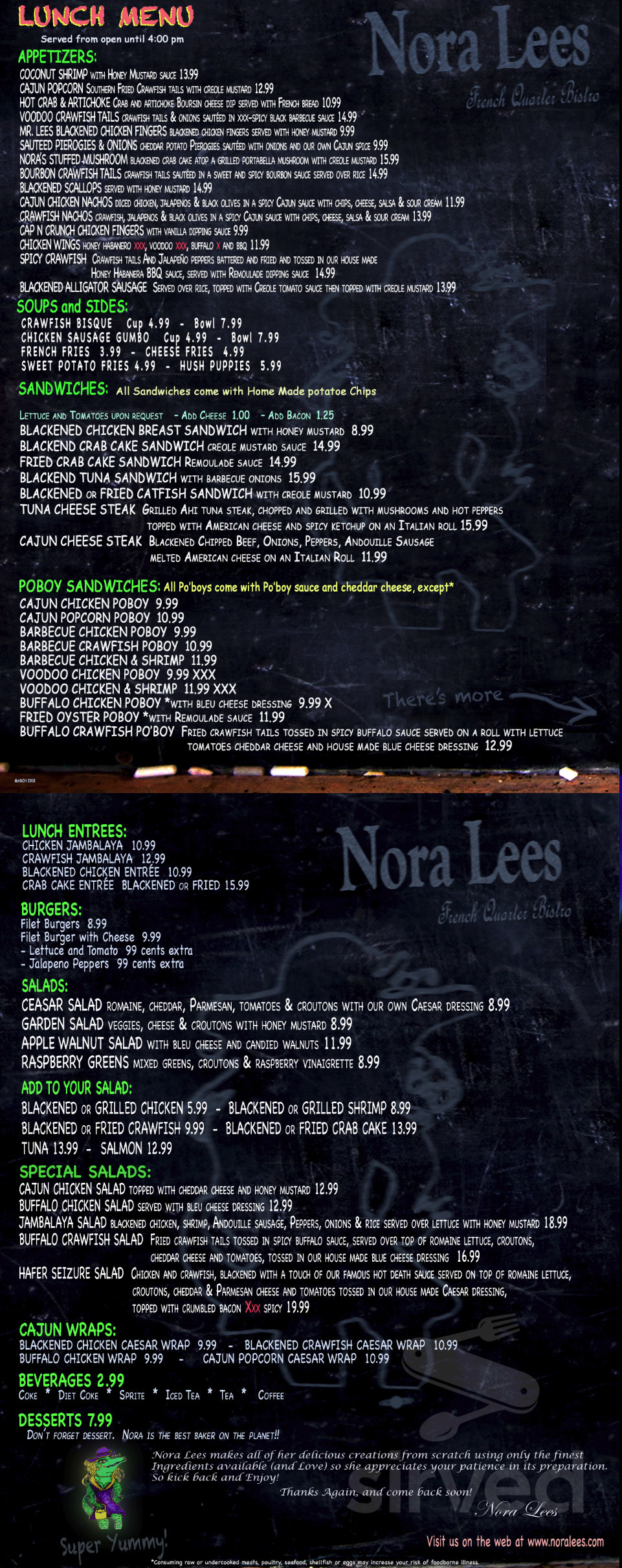 Nora Lees menu in New Castle, Delaware, USA