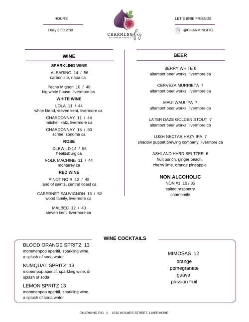 Charming Fig menu in Livermore, California, USA