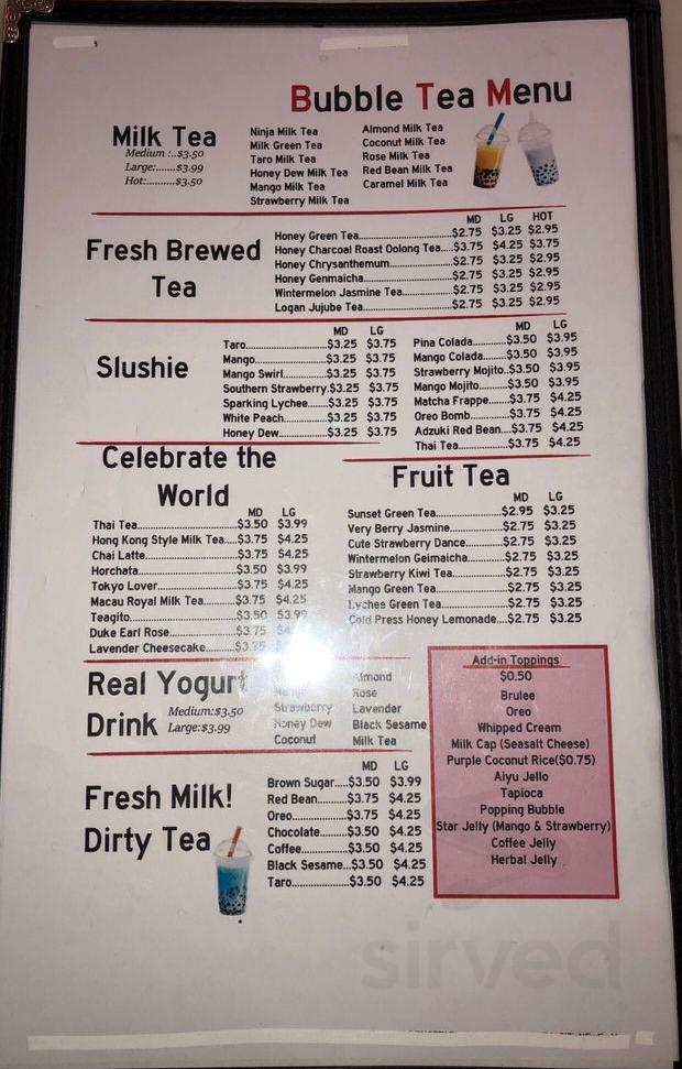 Ninja Tea menu in Virginia Beach, Virginia, USA