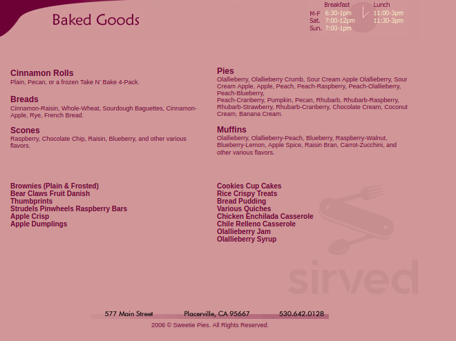 Sweetie Pie's menu in Placerville, California, USA