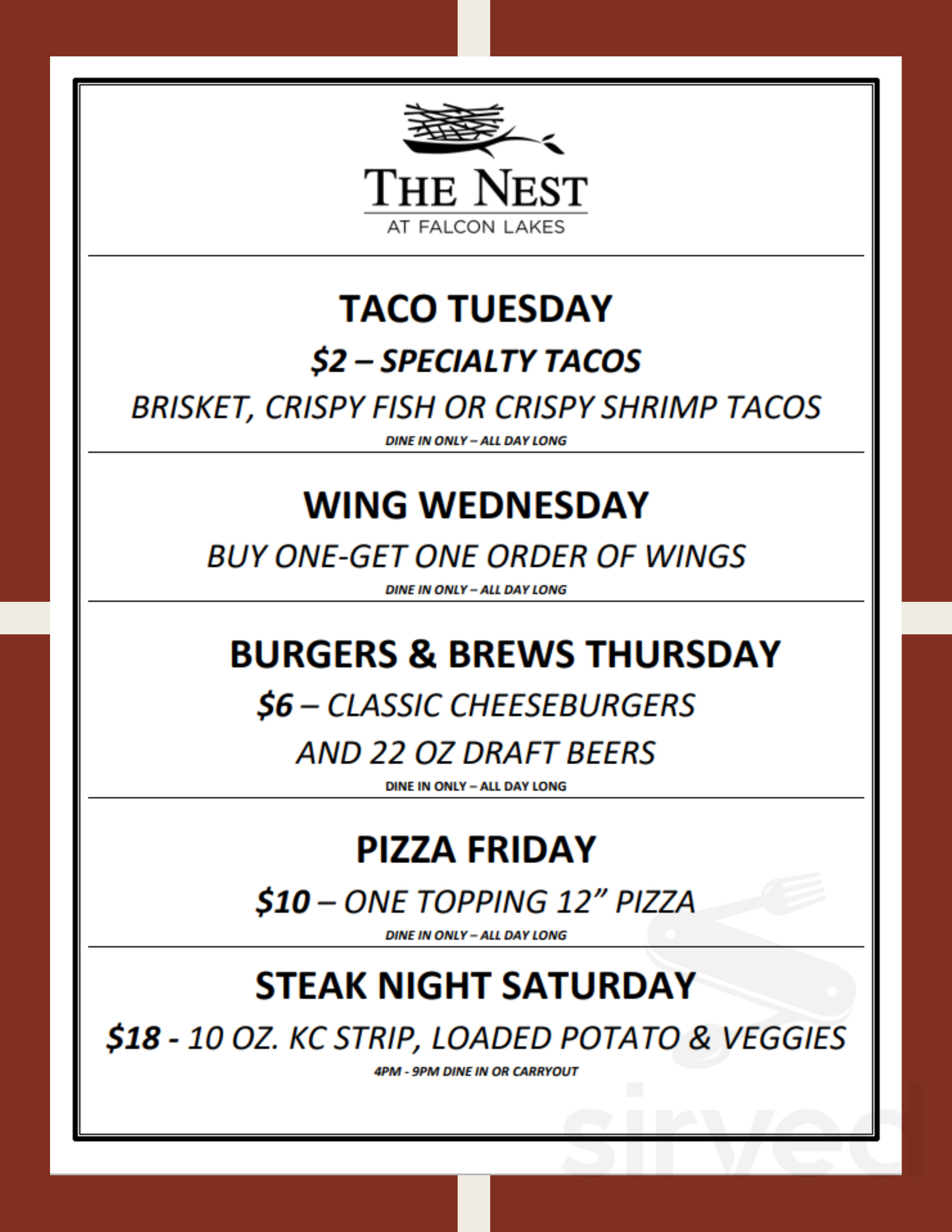 The Nest Bar & Grill menu in Basehor, Kansas, USA