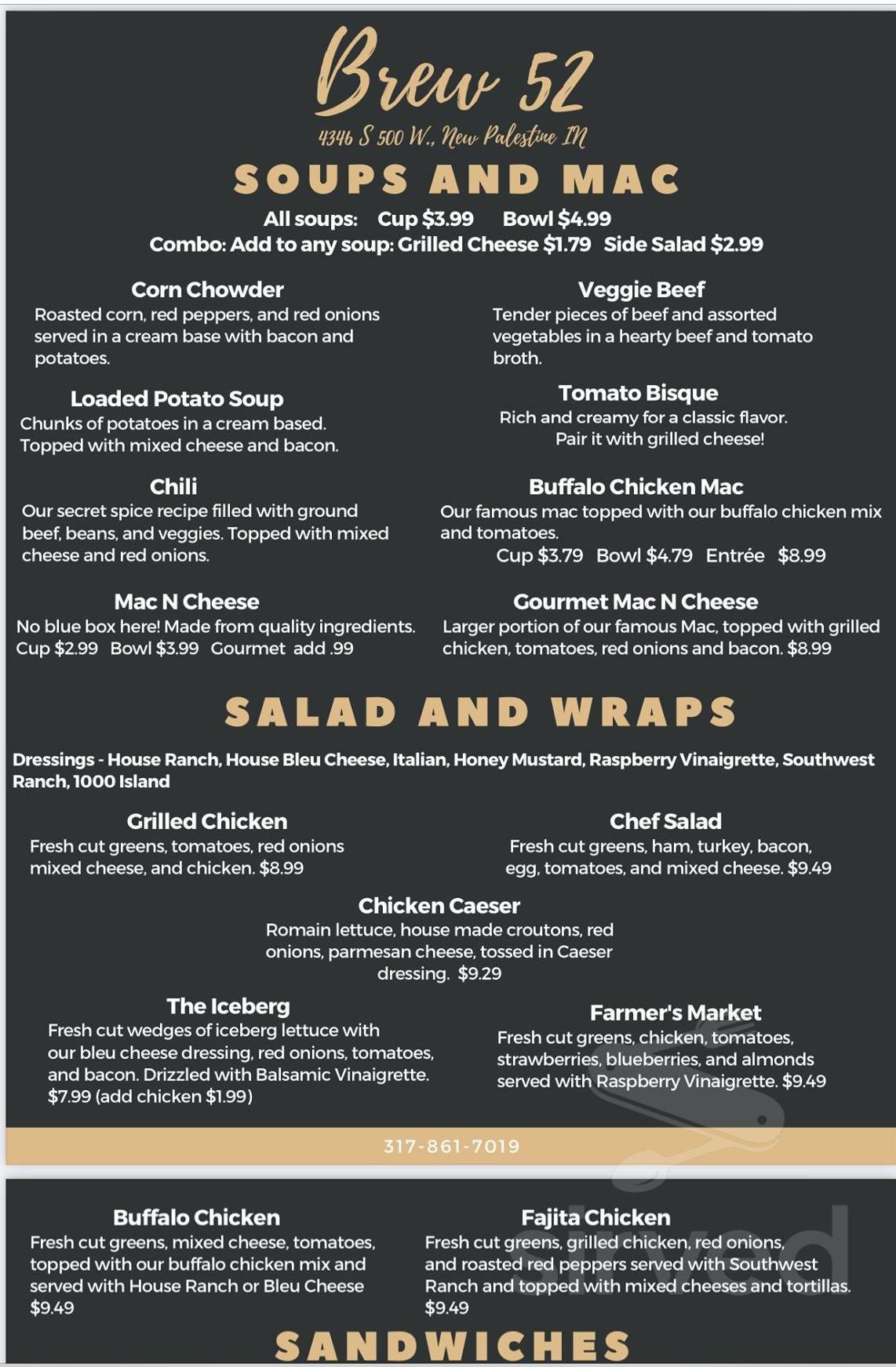 Brew 52 menu in New Palestine, Indiana, USA