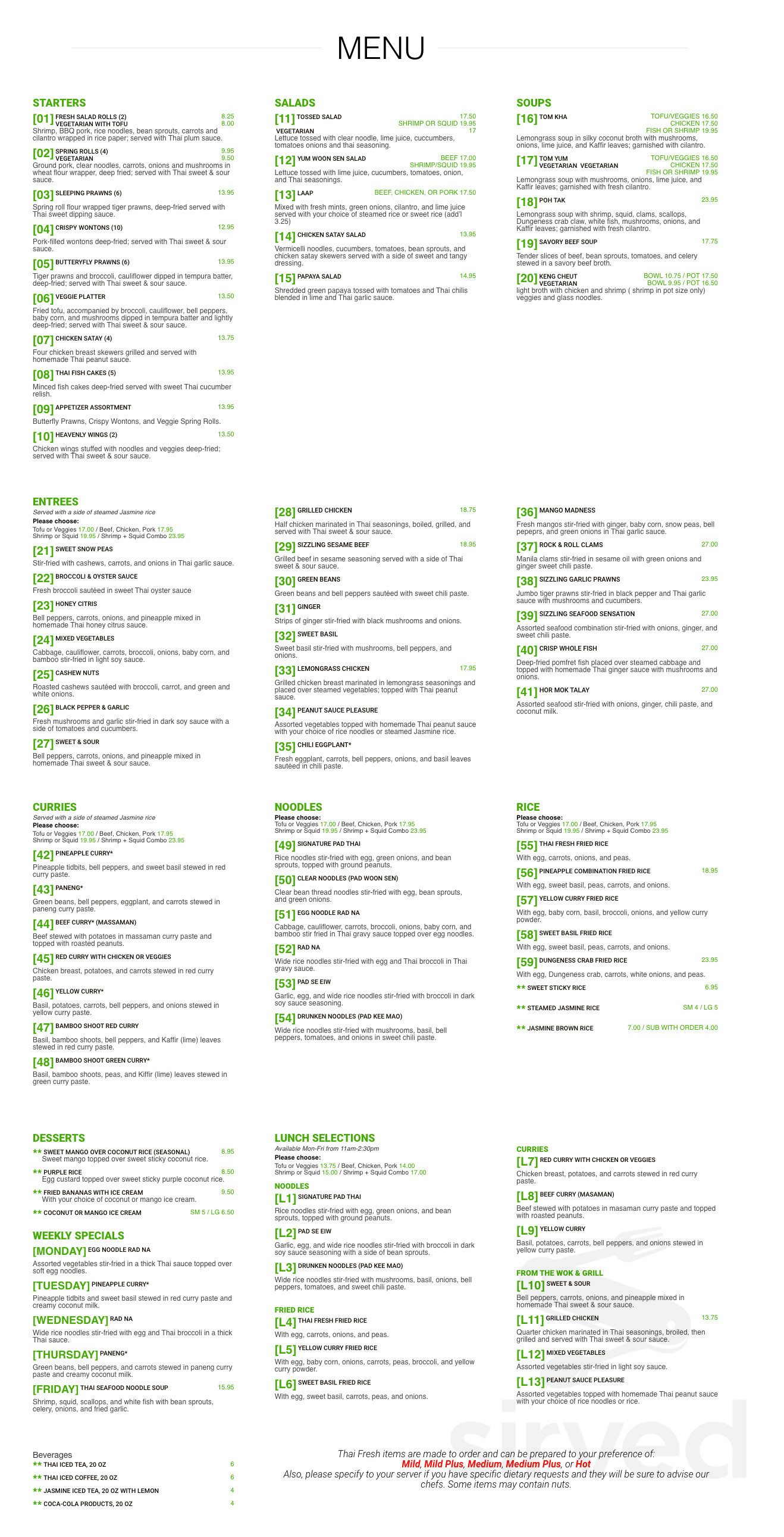Menu - Portland OR's Thai Fresh Restaurant & Catering | Sirved