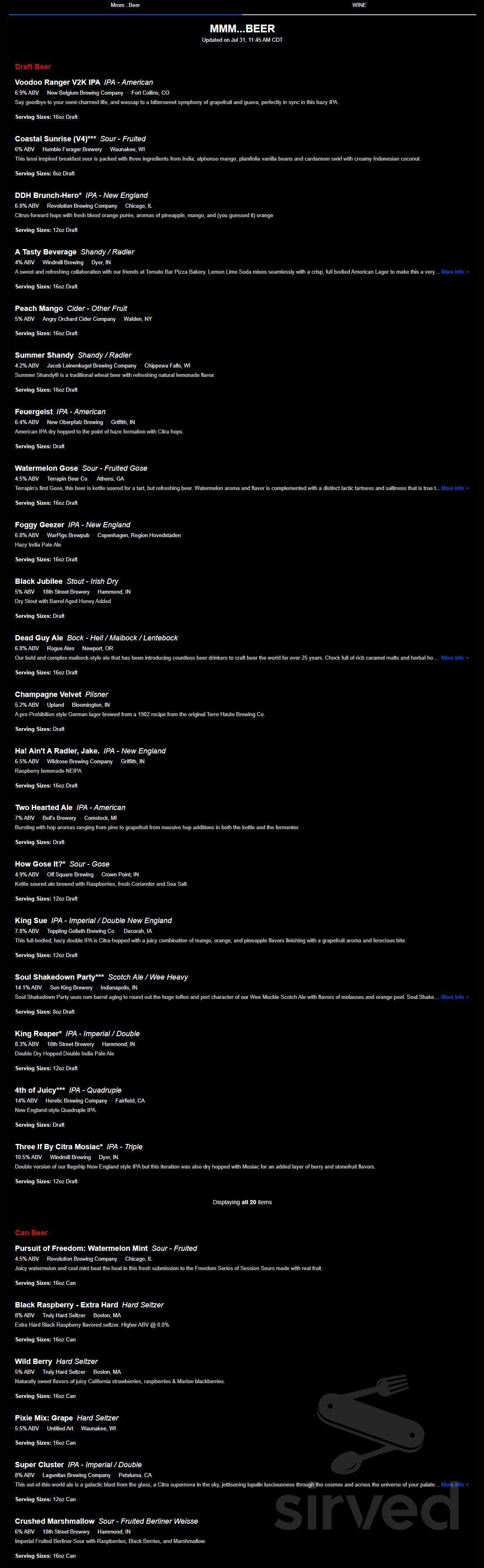 Tomato Bar Pizza Bakery menu in Schererville, Indiana, USA