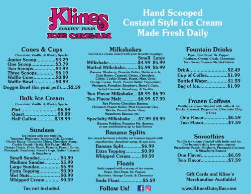 Kline's Dairy Bar menu in Harrisonburg, Virginia, USA