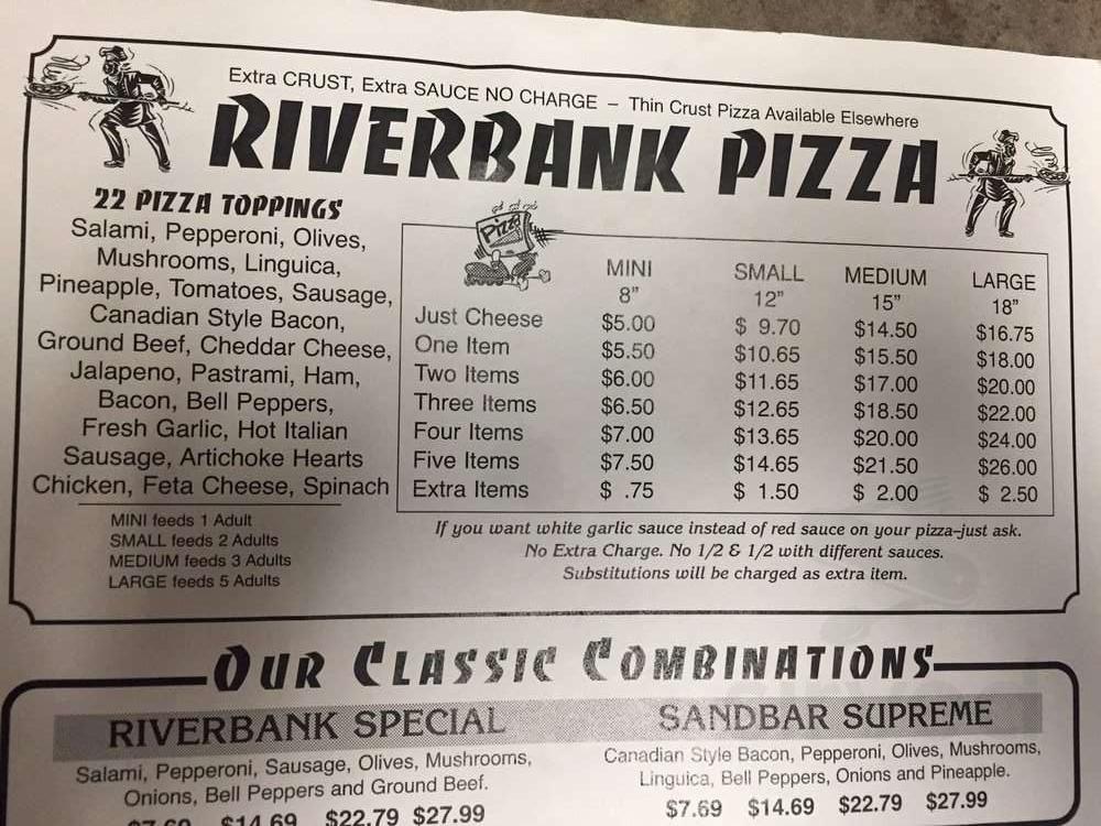 Riverbank Pizza menu in Coboconk, Ontario, Canada