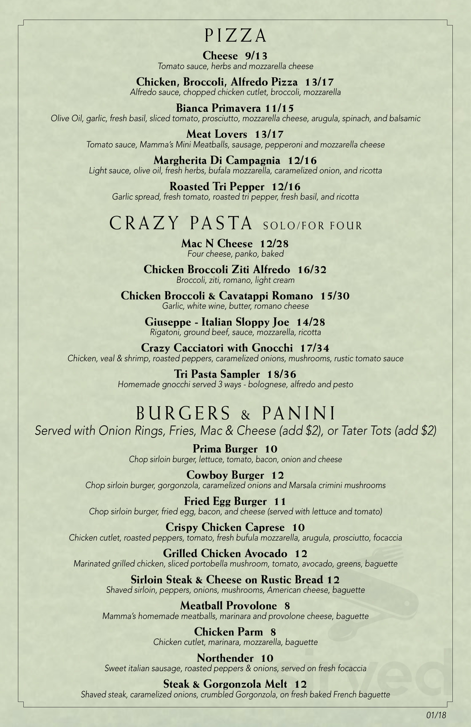 Primavera menu in Millis, Massachusetts, USA