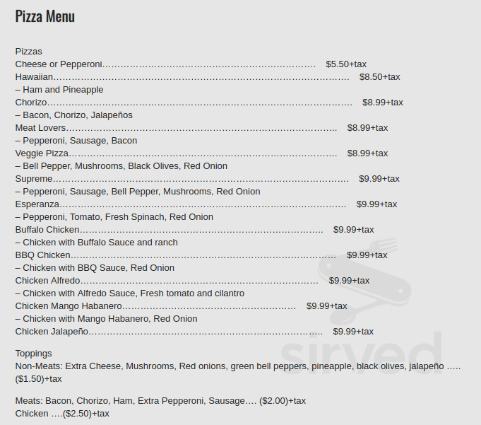 Lalis Pizza menu in Lynwood, California, USA