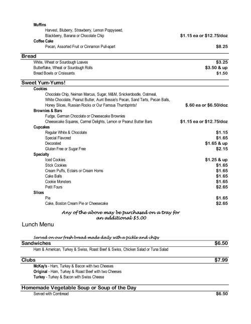 McKay's Bakery menu in Abilene, Texas, USA