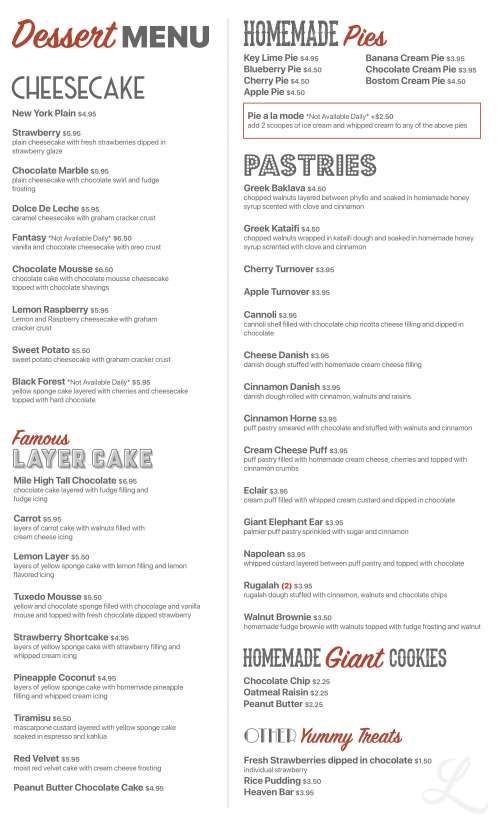 Landmark Restaurant Diner menu in Charlotte, North Carolina, USA