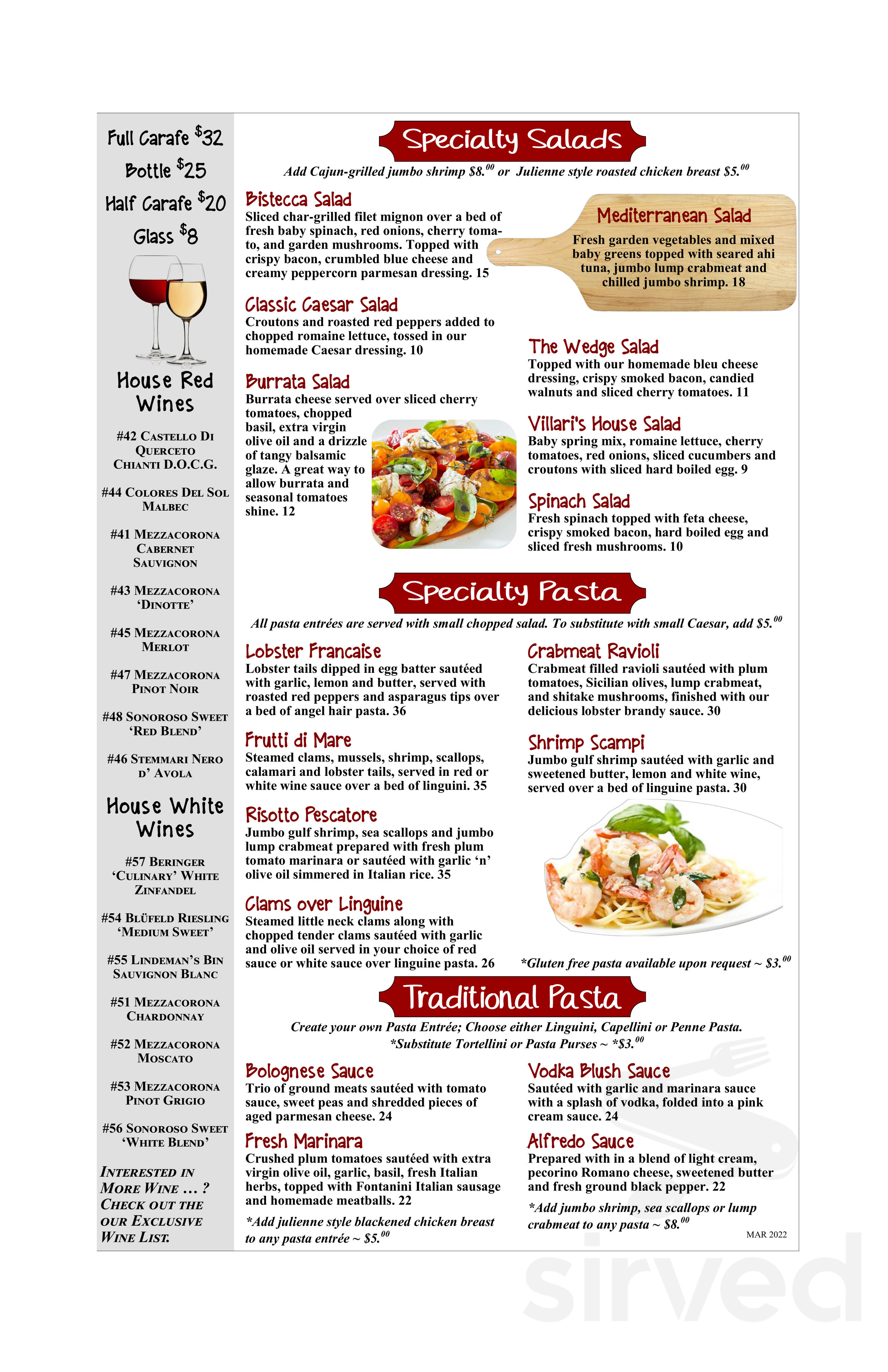 Villari's Lakeside Restaurant menu in Sicklerville, New Jersey, USA