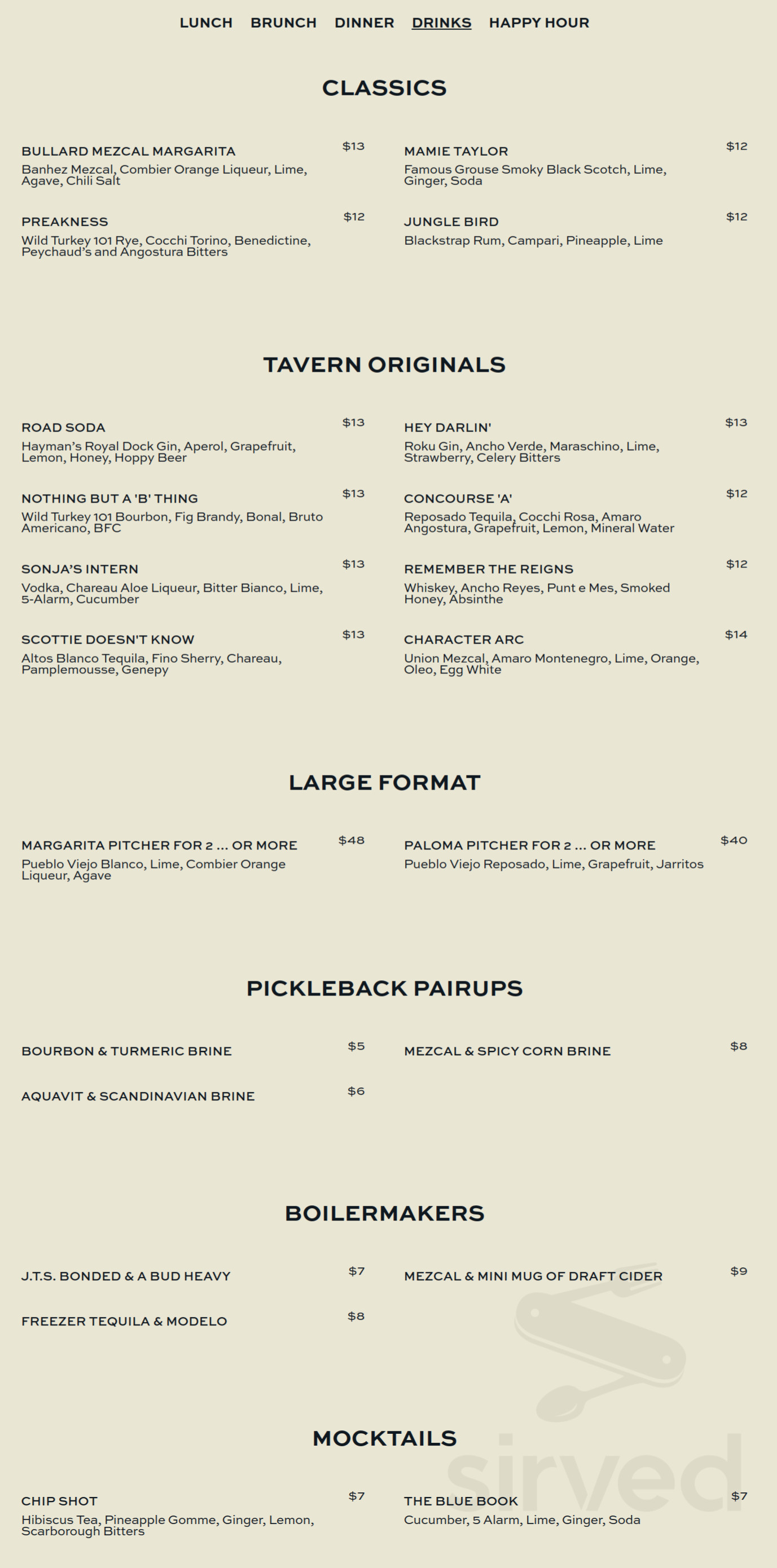 Bullard Tavern menu in Portland, Oregon, USA