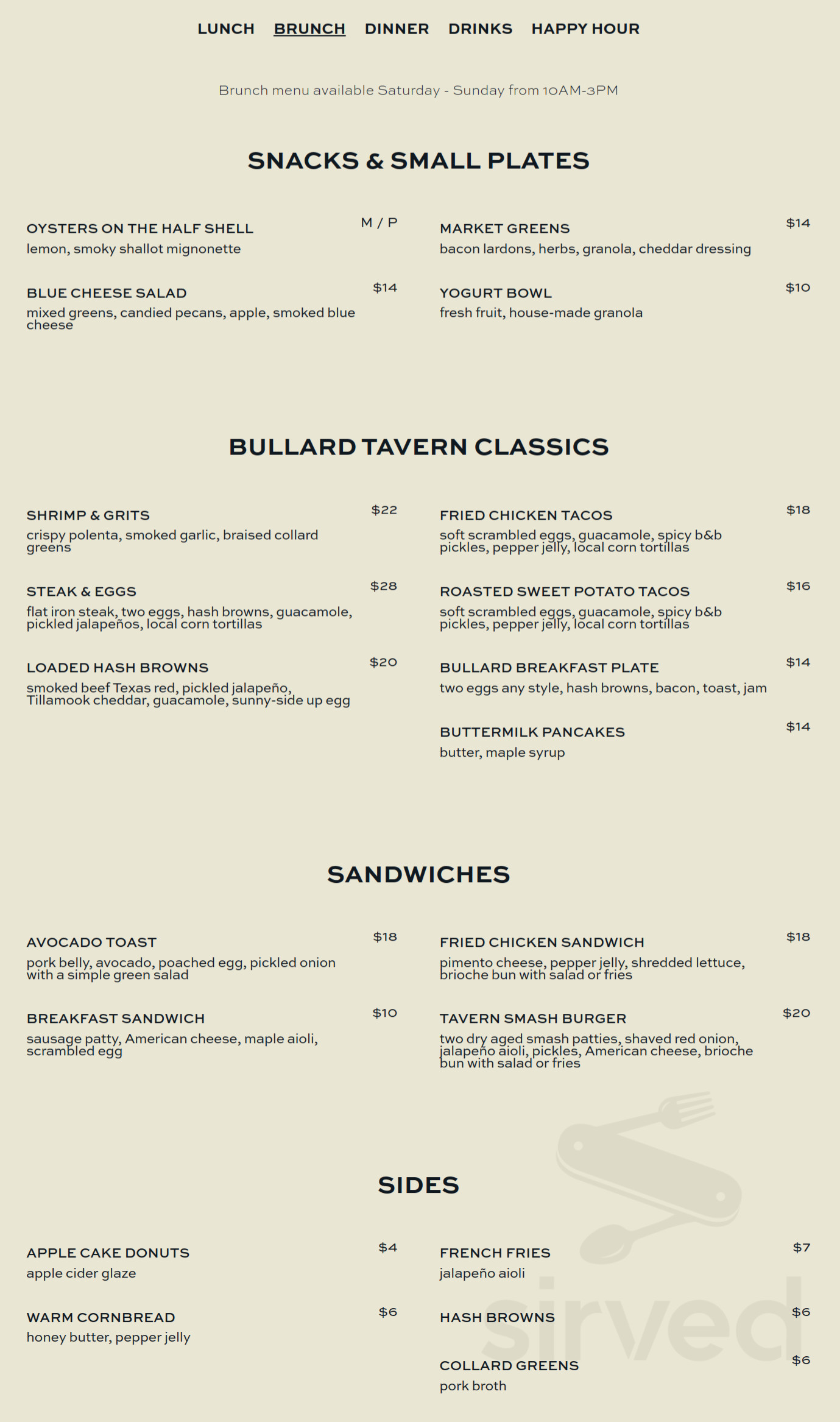 Bullard Tavern menu in Portland, Oregon, USA