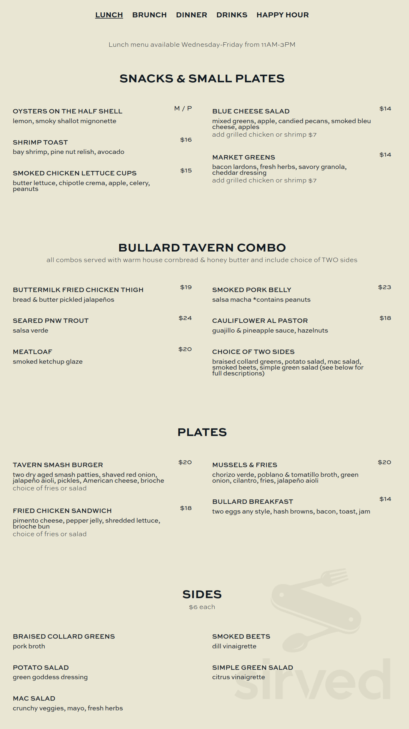 Bullard Tavern menu in Portland, Oregon, USA