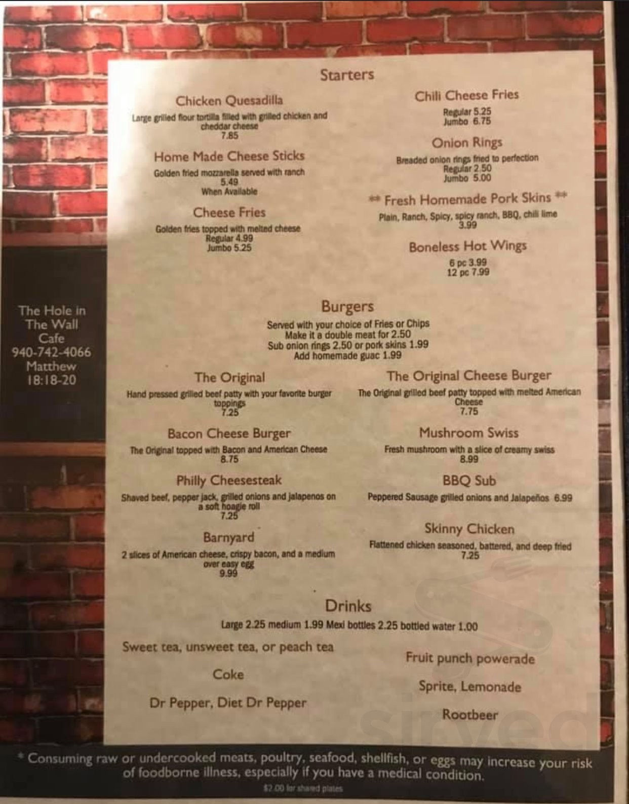 The Hole In The Wall Cafe menus in Rochester, Texas, United States