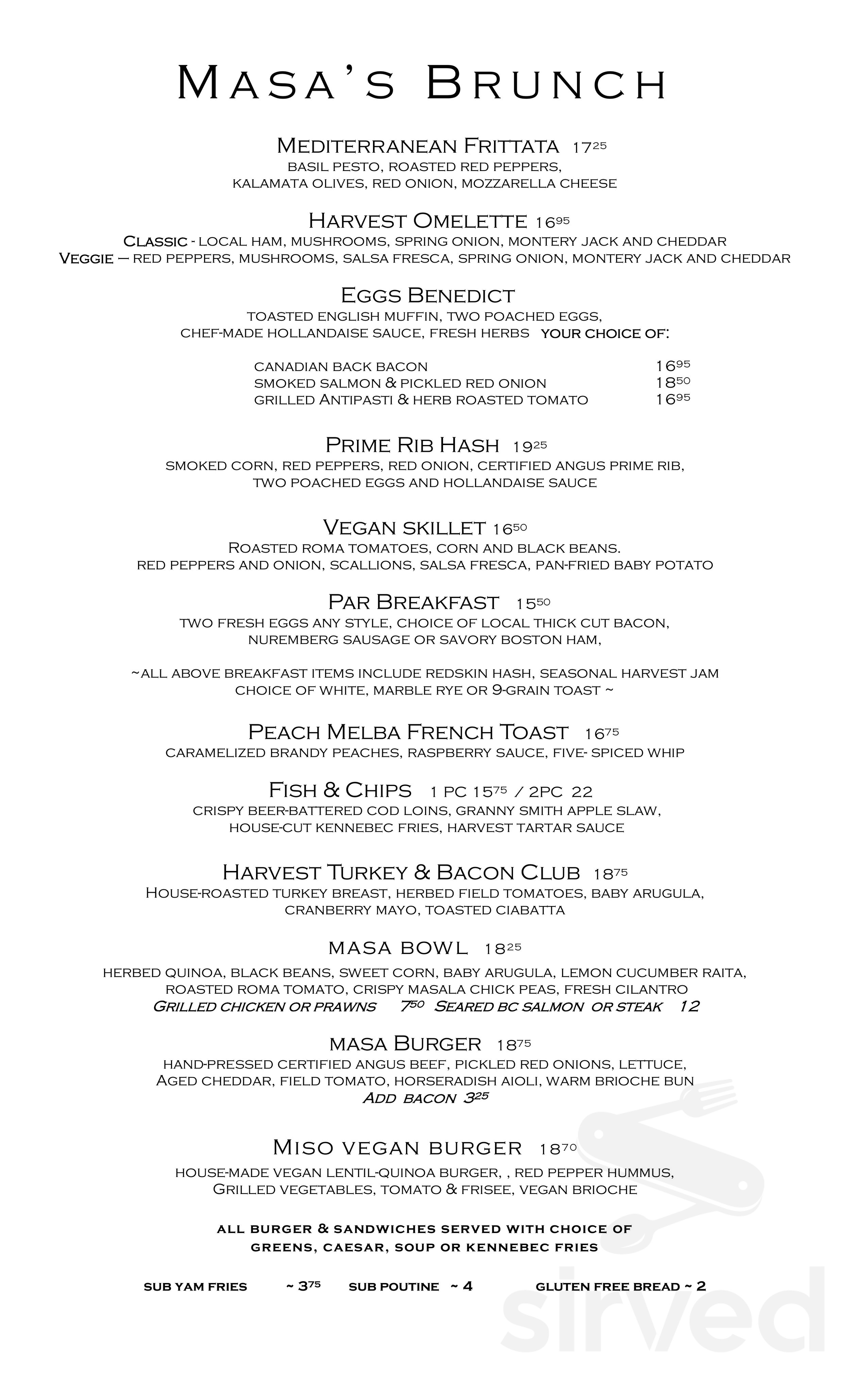 Menu for Masa's Grill at The Harvest Golf Club in Kelowna, BC | Sirved