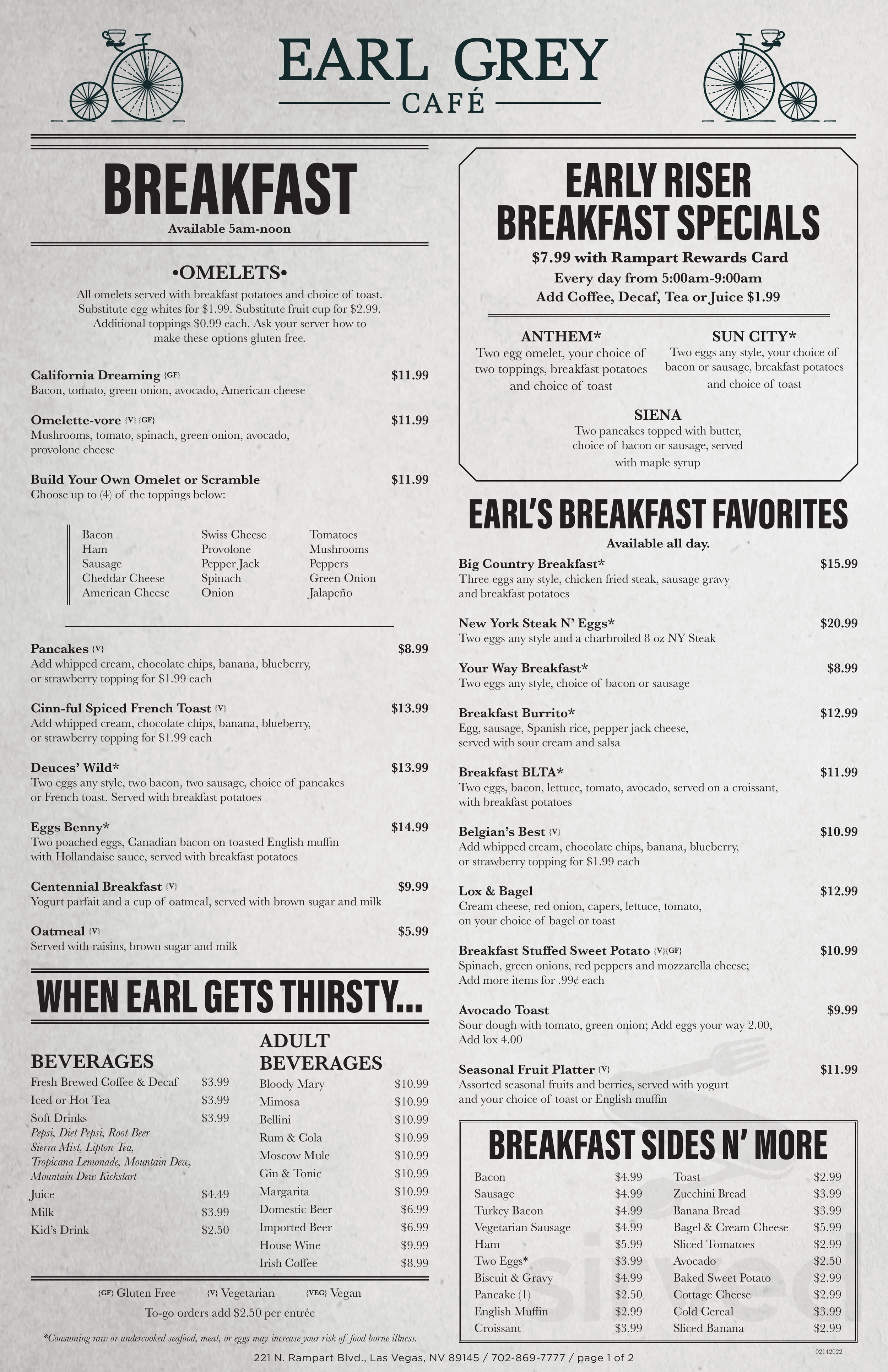 Earl Grey Cafe menu in Las Vegas, Nevada, USA