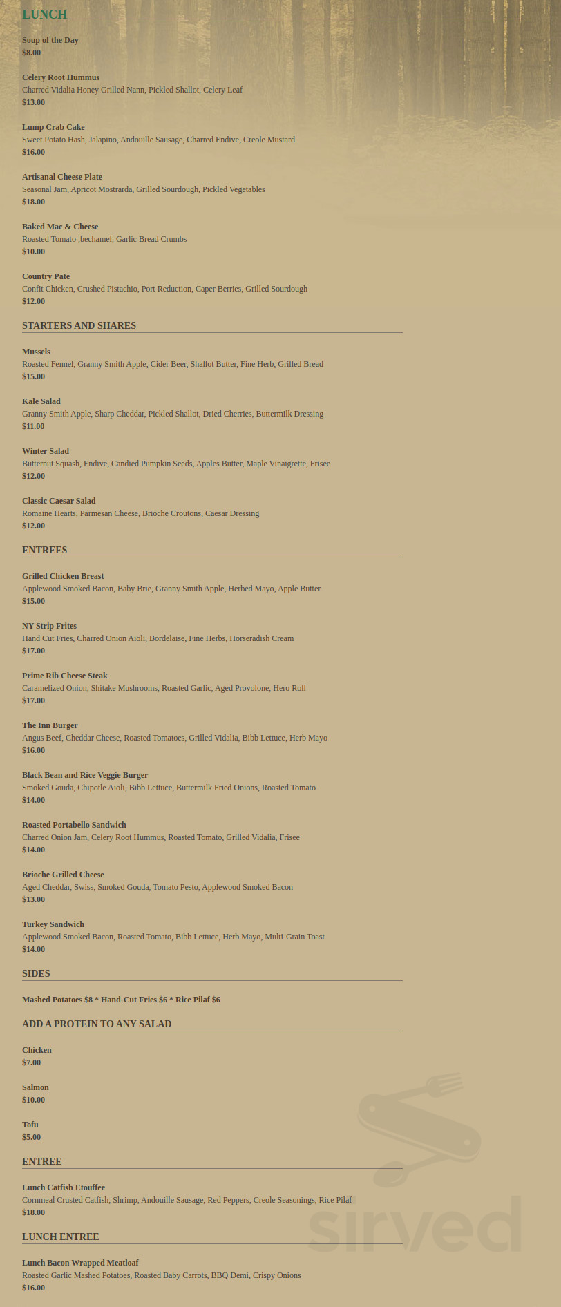 Valley Green Inn menu in Philadelphia, Pennsylvania, USA