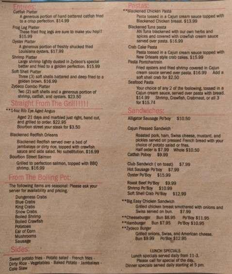 Zydeco's Cajun Restaurant menu in Belle Chasse, Louisiana, USA