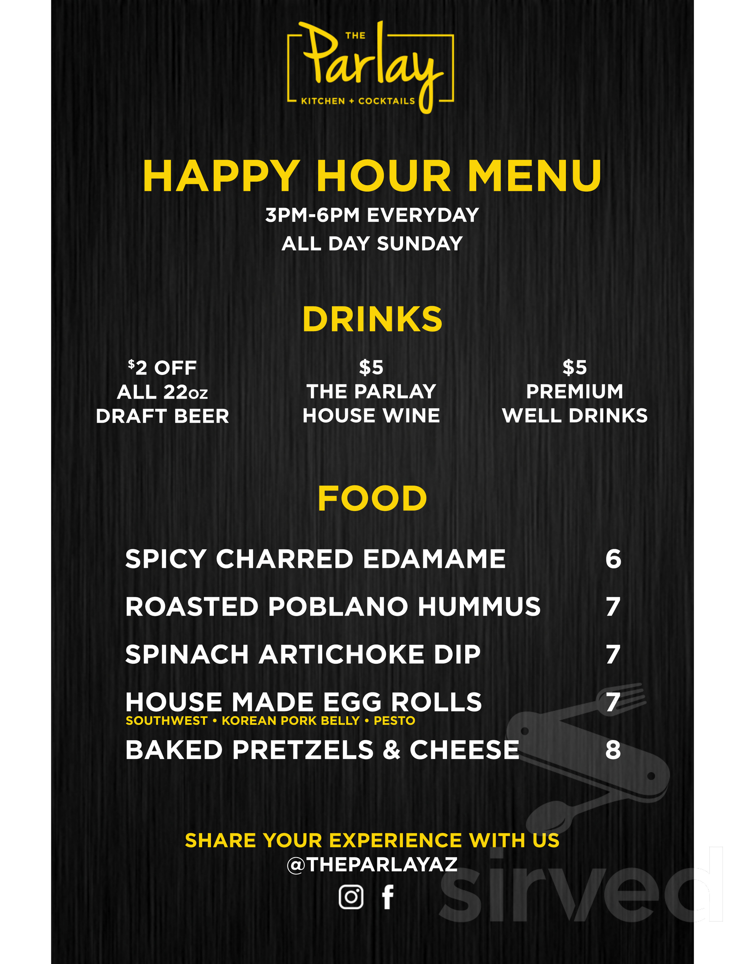 Menu for The Parlay Kitchen + Cocktails in Chandler, AZ | Sirved