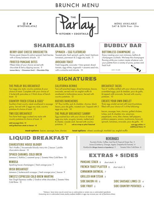 The Parlay Kitchen + Cocktails menu in Chandler, Arizona, USA