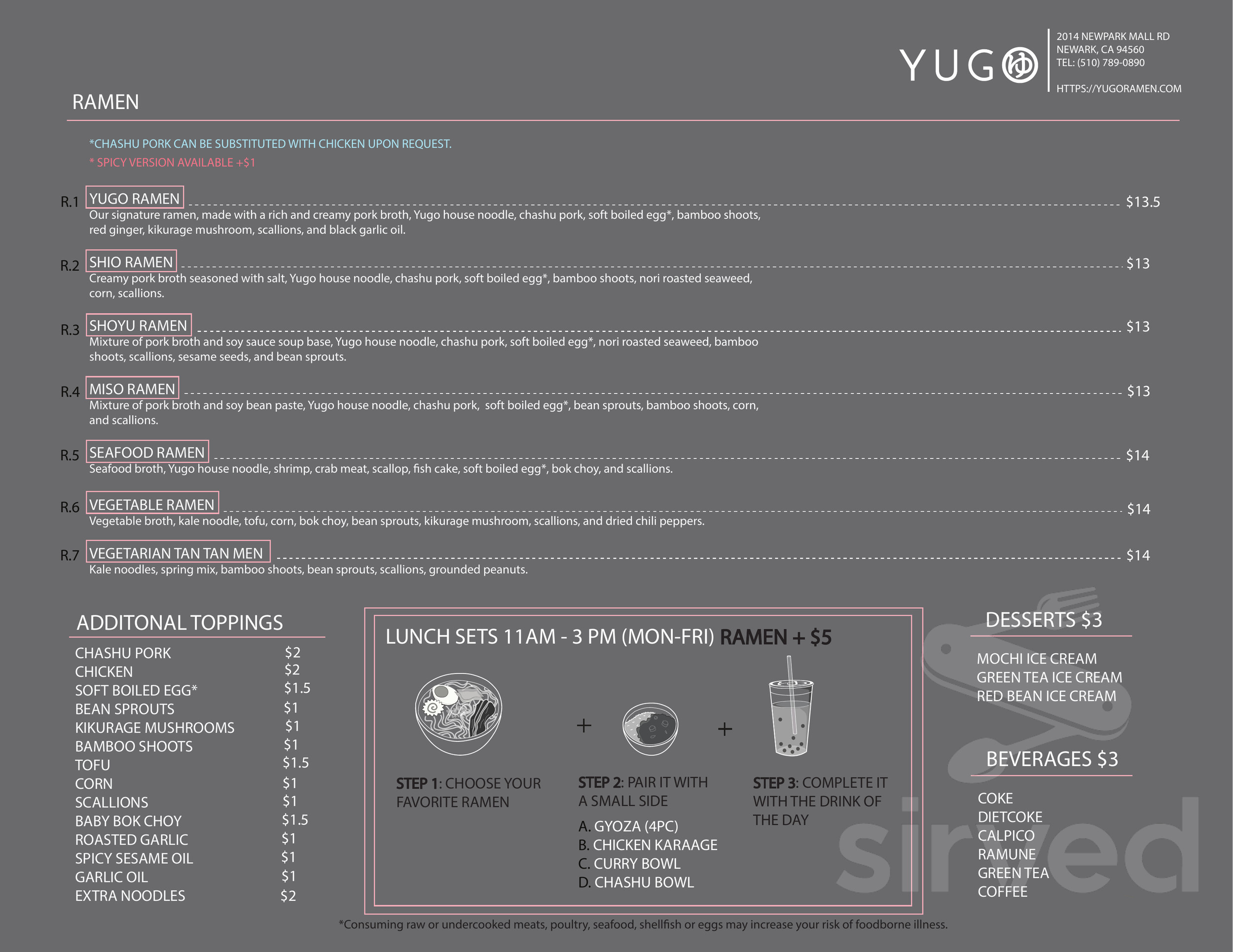 Yugo Ramen menu in Newark, California, USA