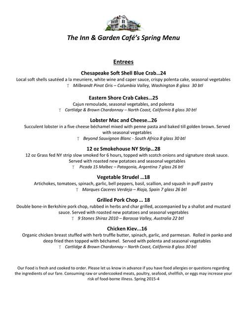 The Inn & Garden Cafe menu in Onancock, Virginia, USA