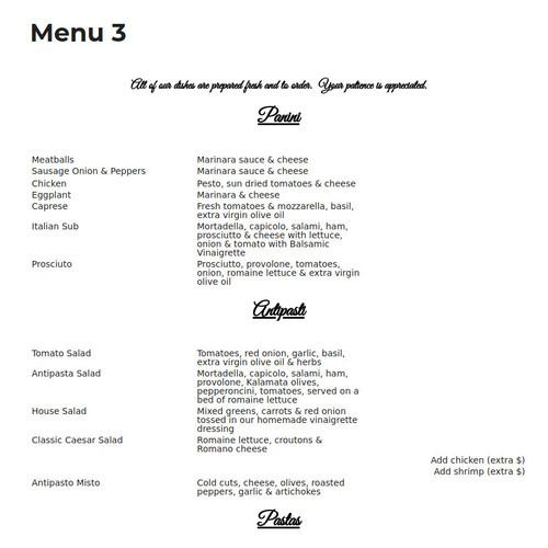 Crivello's Italian Bistro menu in San Juan Capistrano, California, USA