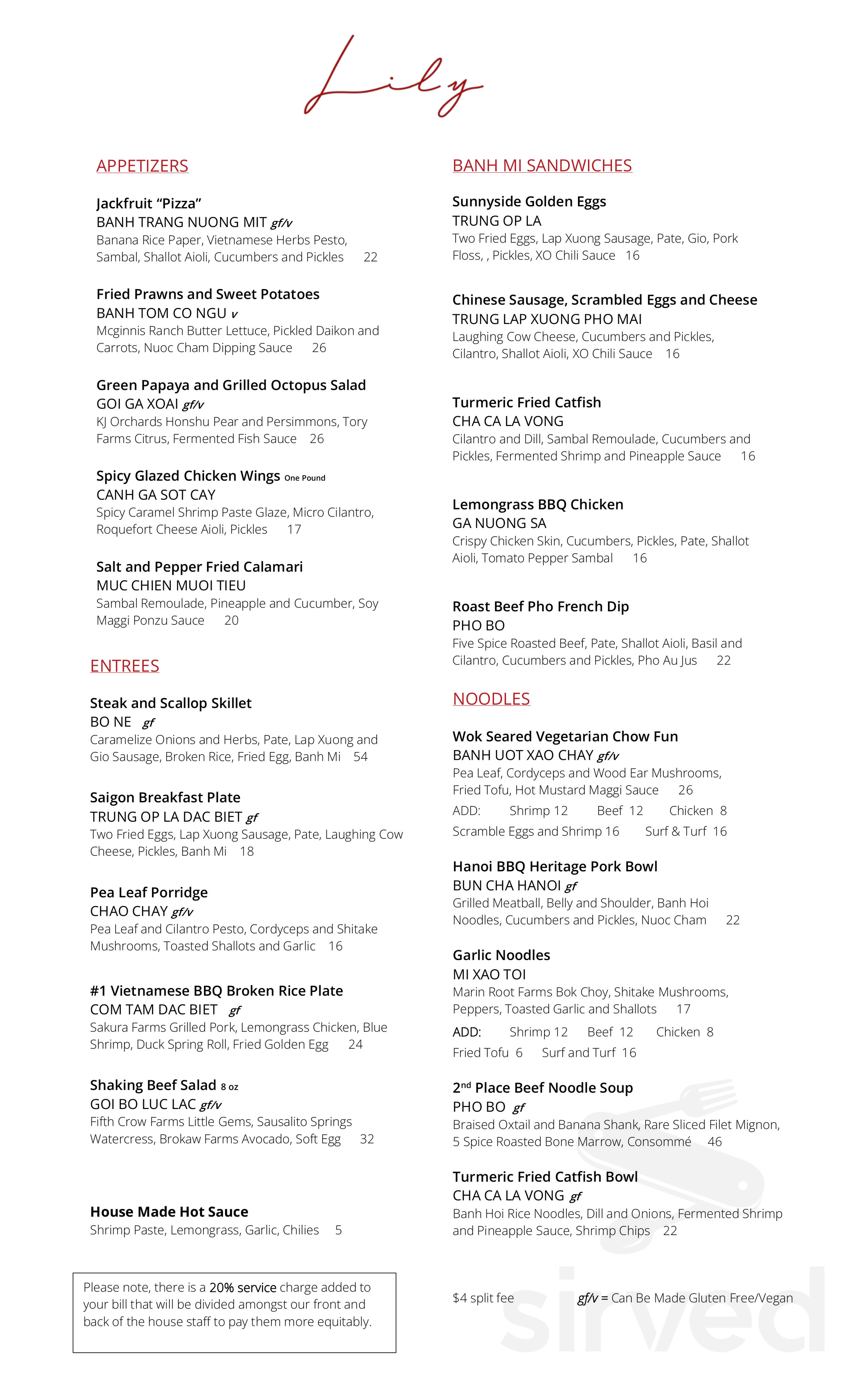 Lily menu in San Francisco, California, USA