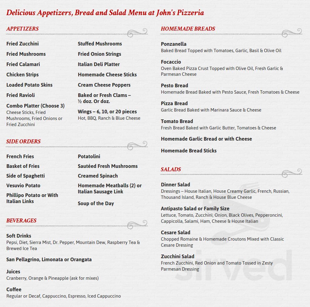 John's Pizzeria menu in Dyer, Indiana, USA