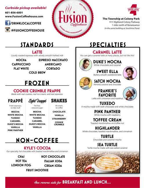 Fusion Coffeehouse menu in Ridgeland, Mississippi, USA