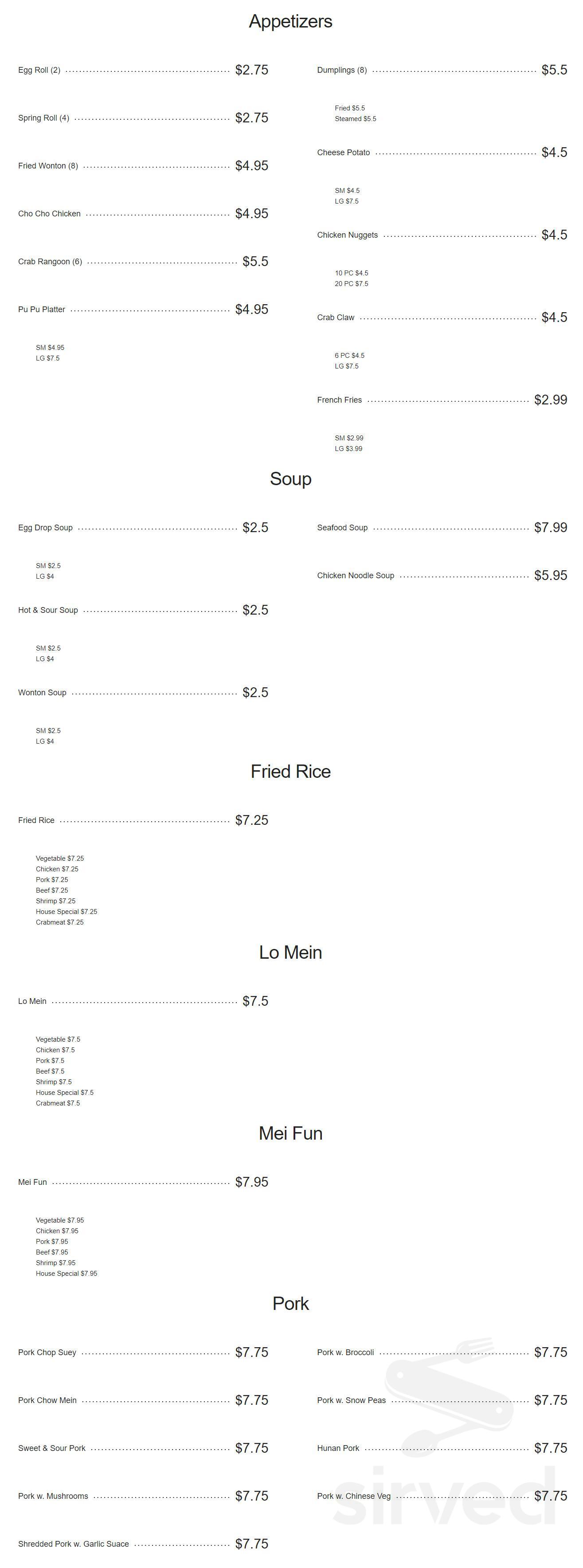 Eastern Chinese menu in Chanute, Kansas, USA