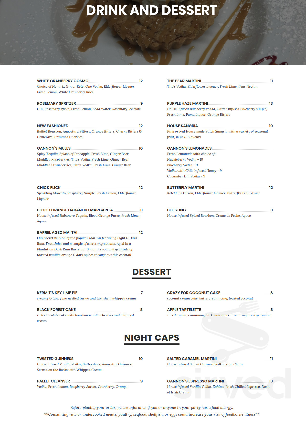 Menu - Hyannis MA's Gannon's Tavern | Sirved
