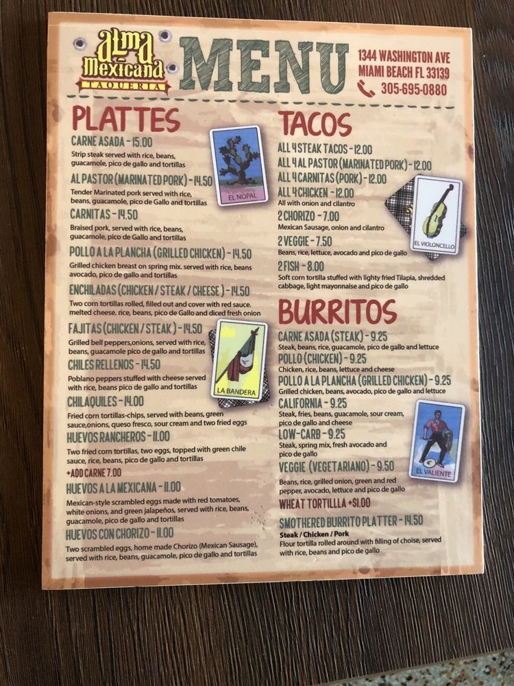 Alma Mexicana menu in Miami Beach, Florida, USA