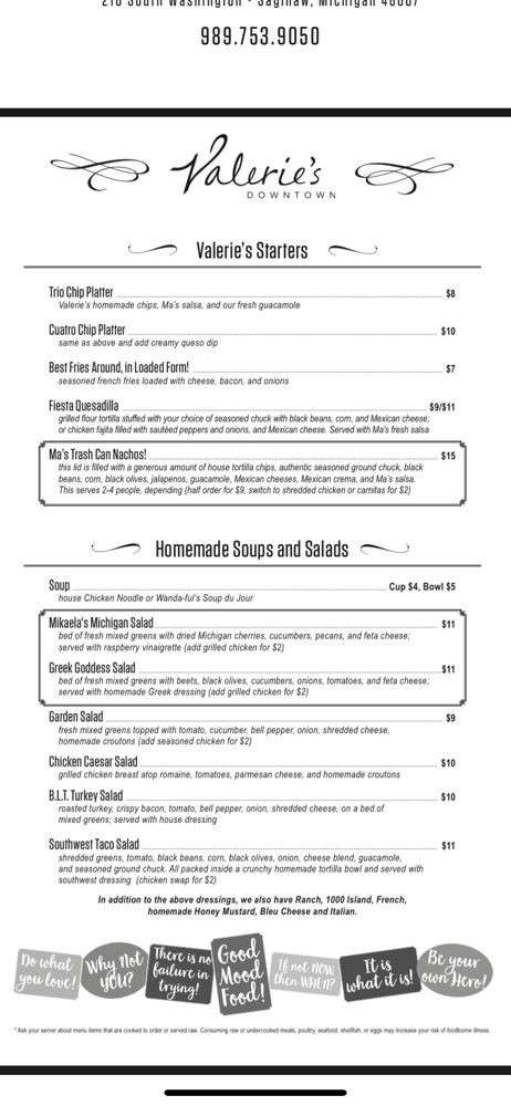 Valerie's Downtown menu in Saginaw, Michigan, USA