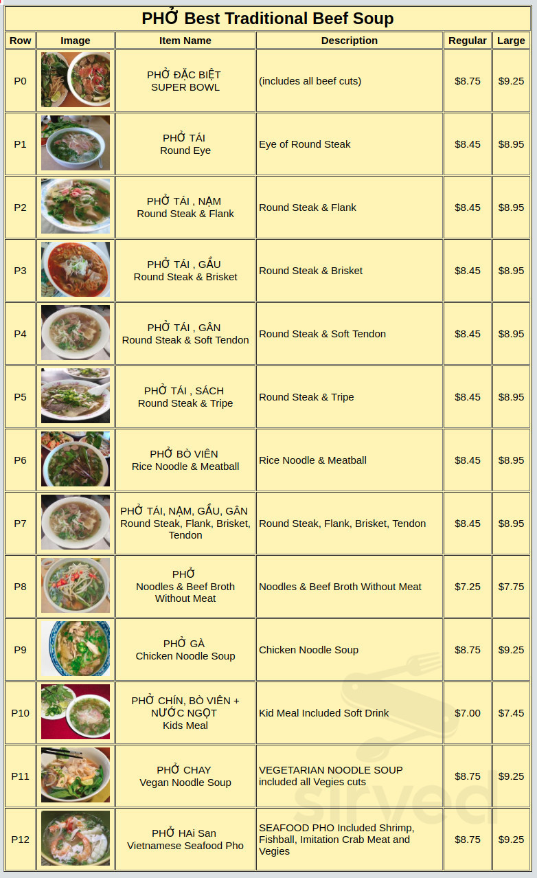 Pho Hoai Restaurant menu in Beaverton, Oregon, USA