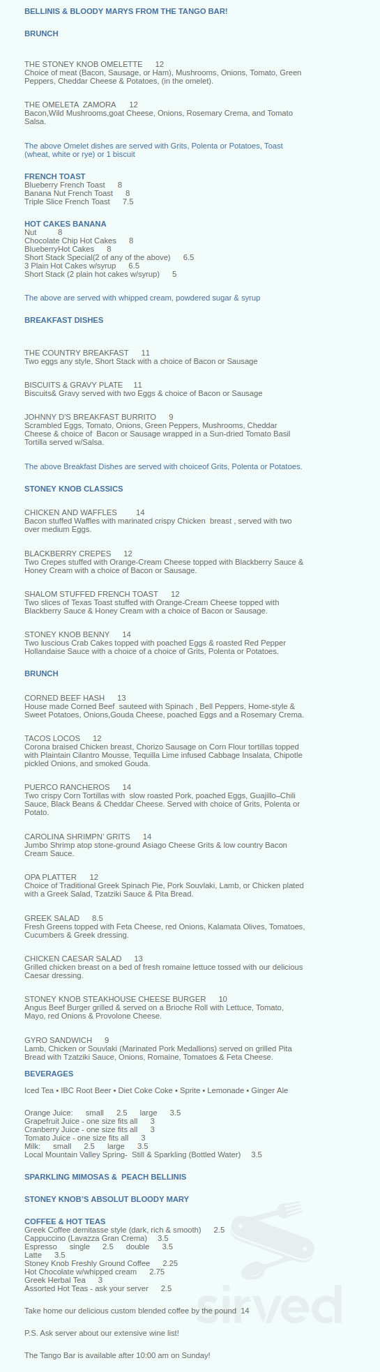 Menu for Stoney Knob Cafe in Weaverville, NC | Sirved