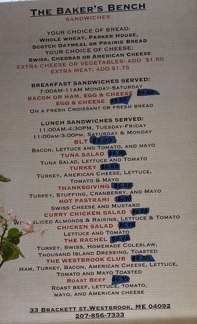 The Baker's Bench menu in Westbrook, Maine, USA