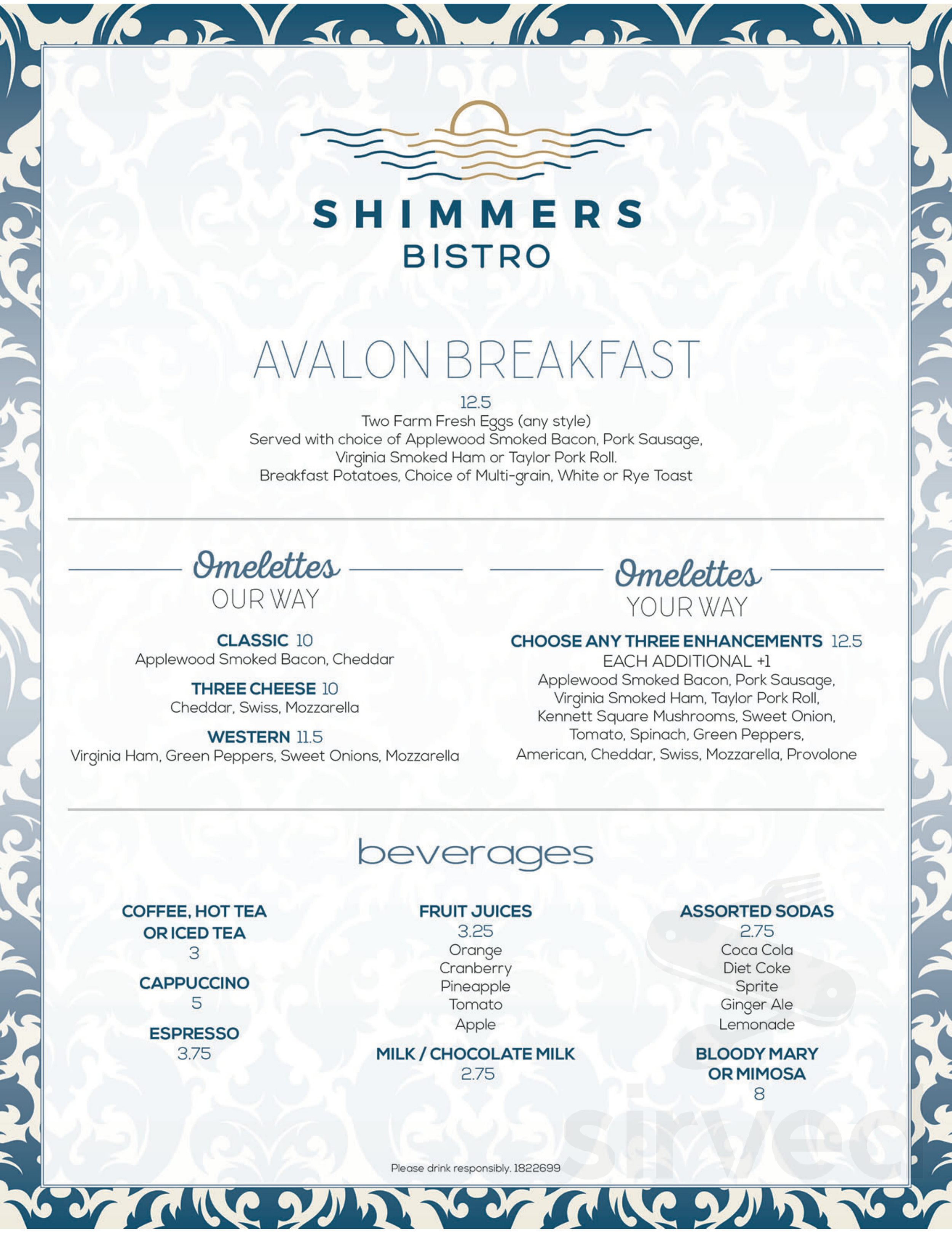 Menu for Shimmers Bistro in Avalon, New Jersey, United States