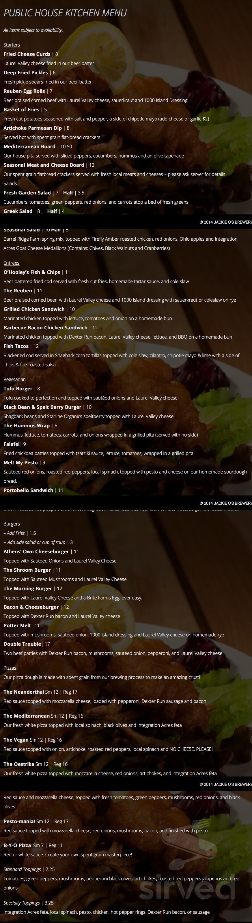 Menu for Jackie O's Public House Restaurant in Athens, OH | Sirved